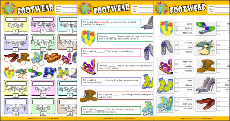 Footwear ESL Printable Worksheets For Kids 2