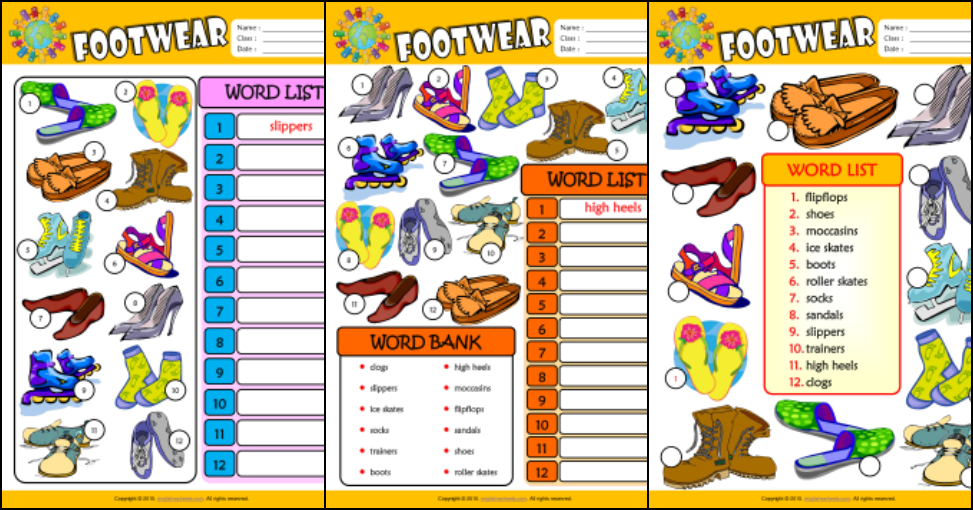 Footwear ESL Printable Worksheets For Kids 3