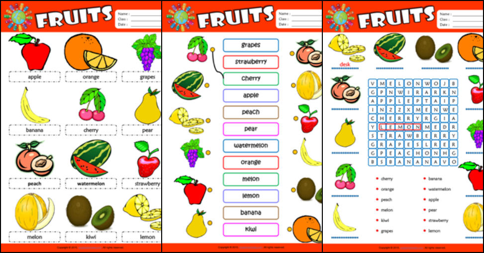 Fruits Esl Vocabulary Matching Exercise Worksheet For Kids