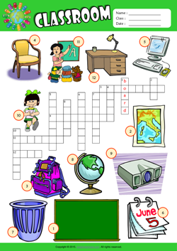 Classroom Crossword Puzzle ESL Vocabulary Worksheet