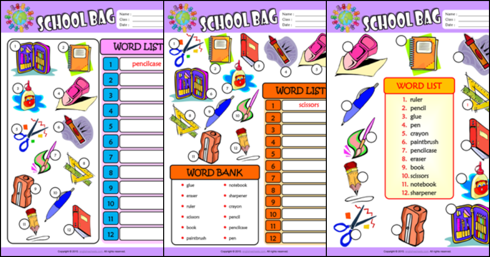 Schoolbag ESL Printable Worksheets For Kids 3