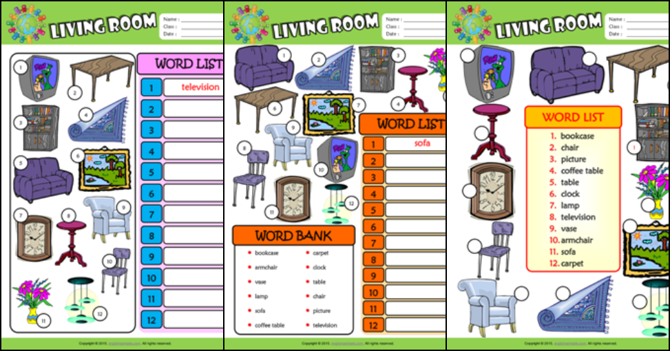 Living Room ESL Printable Worksheets For Kids 3