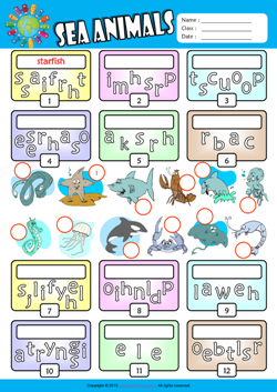 Sea Animals Unscramble Words ESL Vocabulary Worksheet