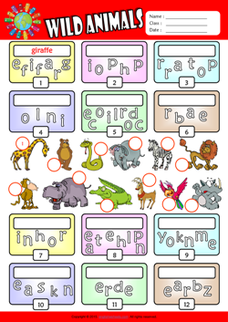 Wild Animals Unscramble Words ESL Vocabulary Worksheet