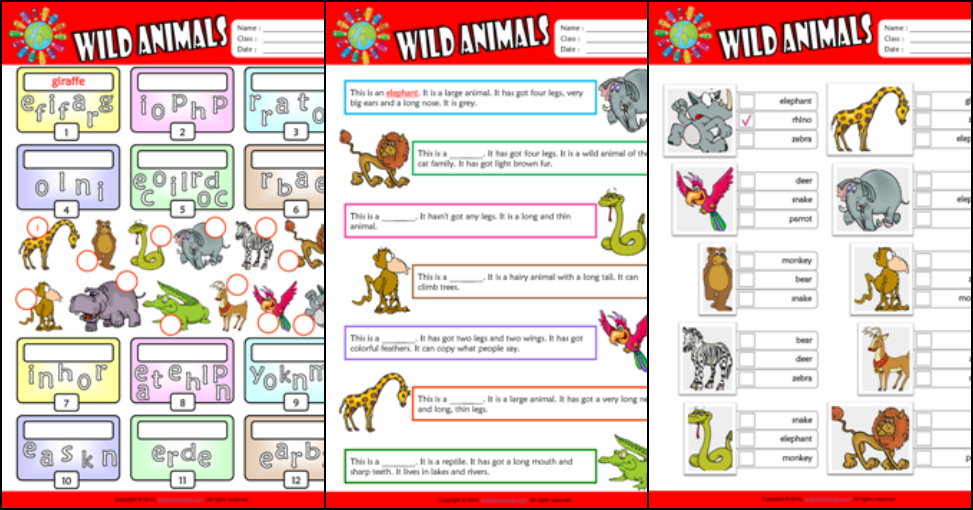 Wild Animals ESL Printable Worksheets For Kids 2