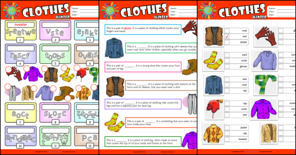 Winter Clothes ESL Printable Worksheets For Kids 2